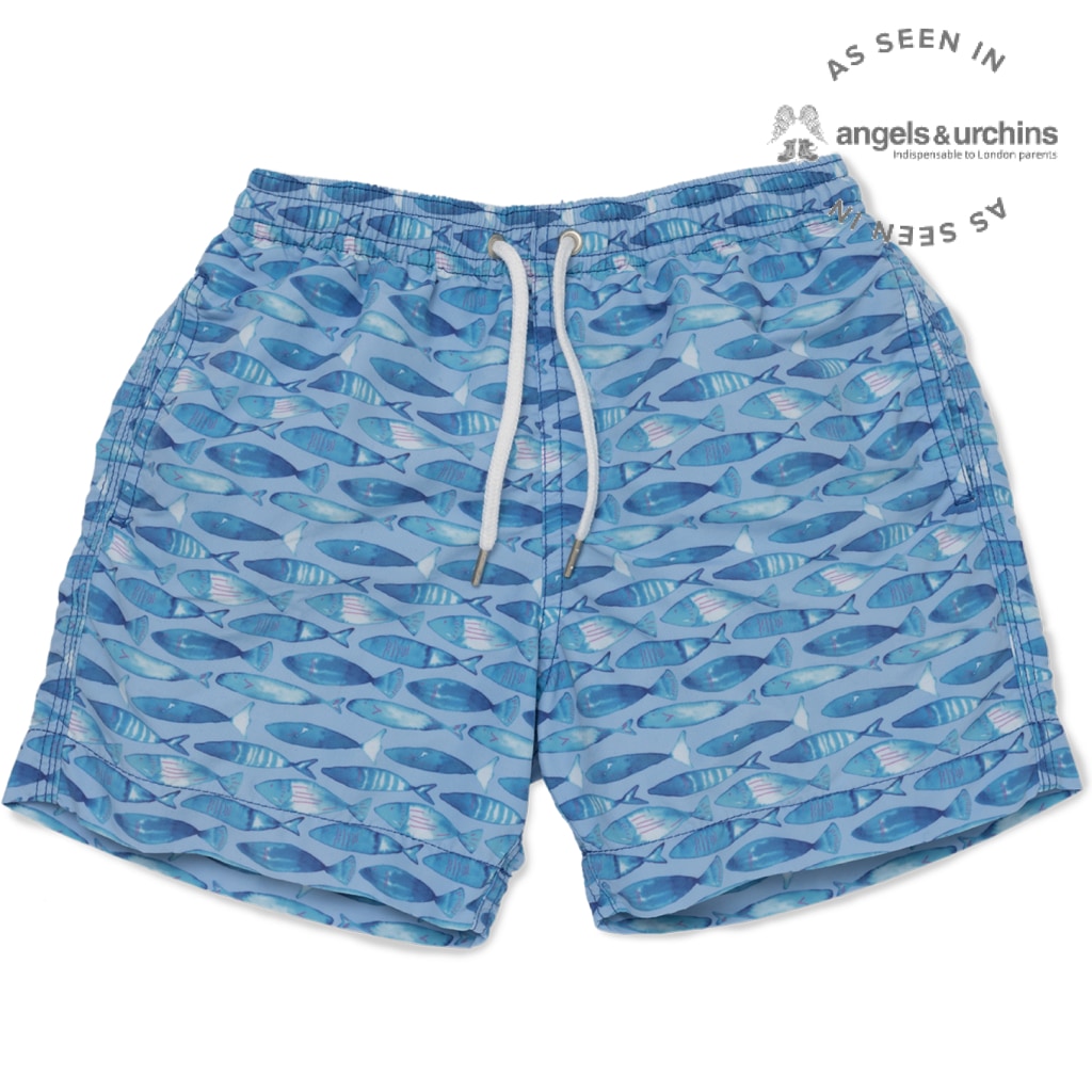 Boys Blue Swim Shorts With 'Fish' Printed Design – BUNKS | Swimming ...